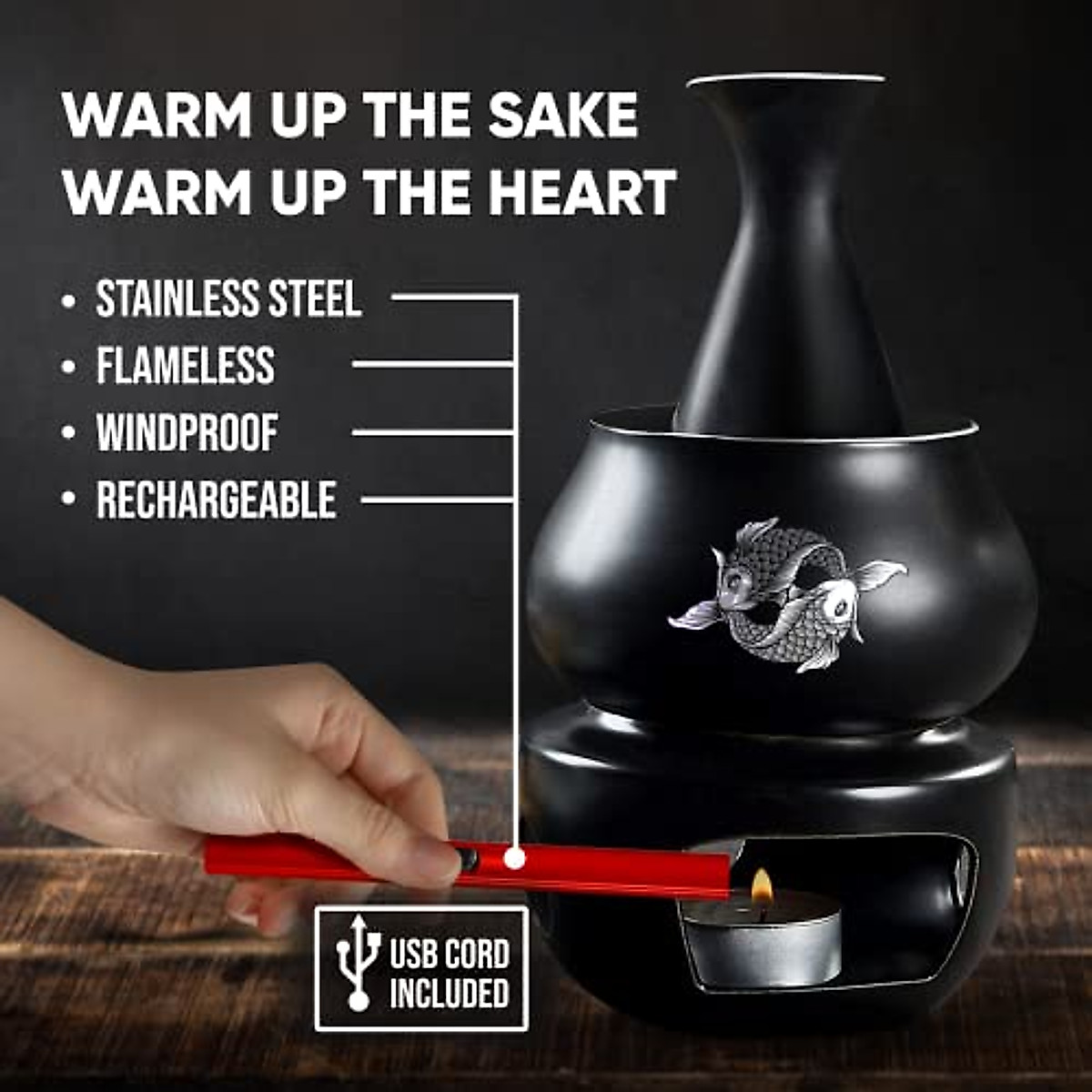 Japanese Sake Set with Warmer | 11 pc | 6 sake cups only | non electric sake warmer | sake bottle | candles | lighter | bamboo sake flight tray for sake cup set | bomb gift kit for chinese sake set