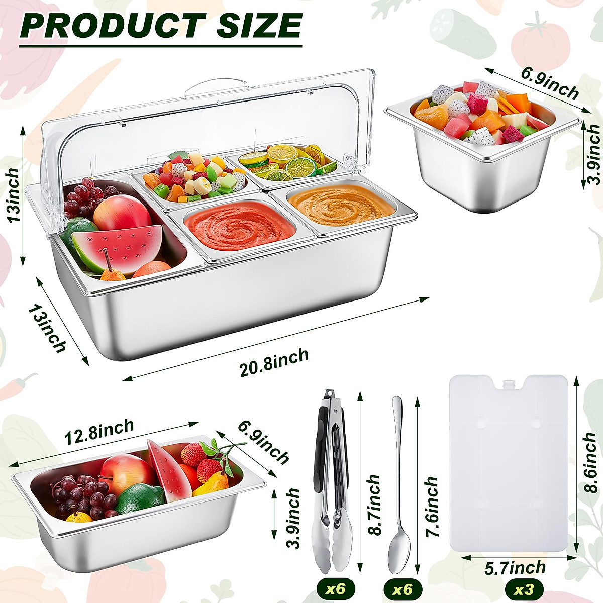 Tessco 1 Set Countertop Ice Food Serving Display Container Condiment Dispenser with Lid Stainless Steel Serving Tray Buffet Station with Clamps Spoons Ice Box for Restaurant Kitchen (5 Compartments)