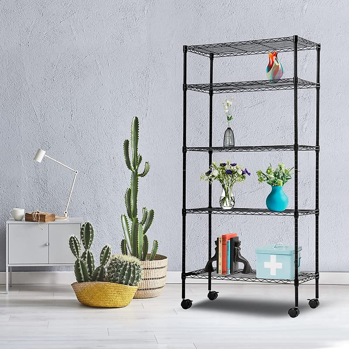 MGHH Garage Shelving, Metal Shelves 5 Tier Wire Shelving Unit Adjustable Heavy Duty Sturdy Steel Shelving Rolling Cart with Casters for Pantry Garage Kitchen, Black