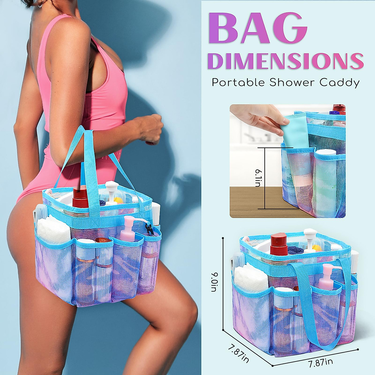 Fiodrimy Mesh Shower Caddy Portable for College Dorm Room Essentials, Hanging Shower Caddy Tote Bag Basket with 8 Pockets, Quick Dry Shower Bag for Bathroom (Tie Dye)