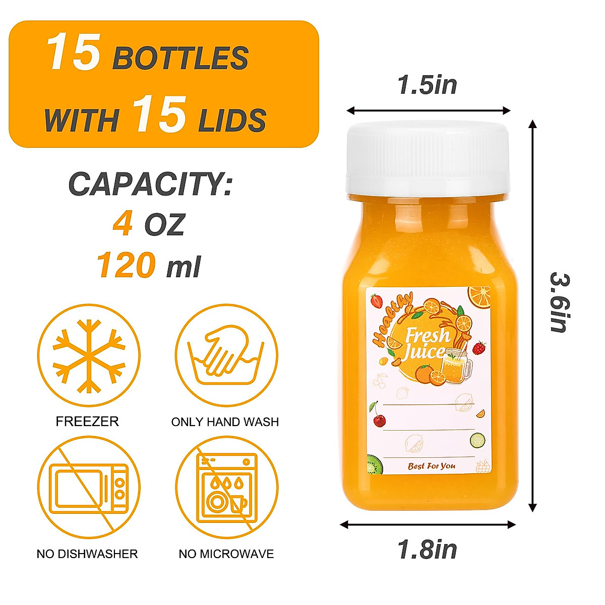 Moretoes 4oz Shot Bottles with Caps, 15pcs Plastic Juice Bottles, Beverage Containers Bulk with Lids for Juicing, Smoothies, Drinking, Fridge