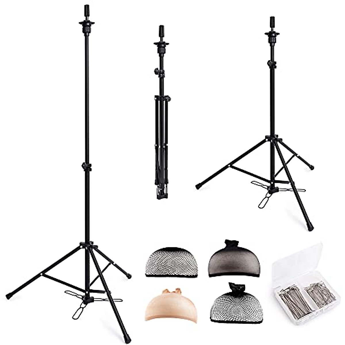 HYOUJIN Wig Head Stand Tripod Mannequin Head Stand Metal Adjustable Holder for Mannequin Head,Manikin Head,Training Head,Canvas Block Head with Wig Caps,T-Pins,Carry Bag (With Foot Panel)