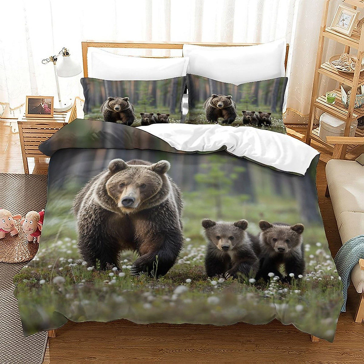 Brown Bear And Two Cubs Comforter Covers 3D Printed Walking in The Taiga Duvet Cover Quilt Cover for Boys Girls with Zipper Closure Soft Microfiber Bedding Set with Pillow Cases 3 Pieces Twin（173x218c