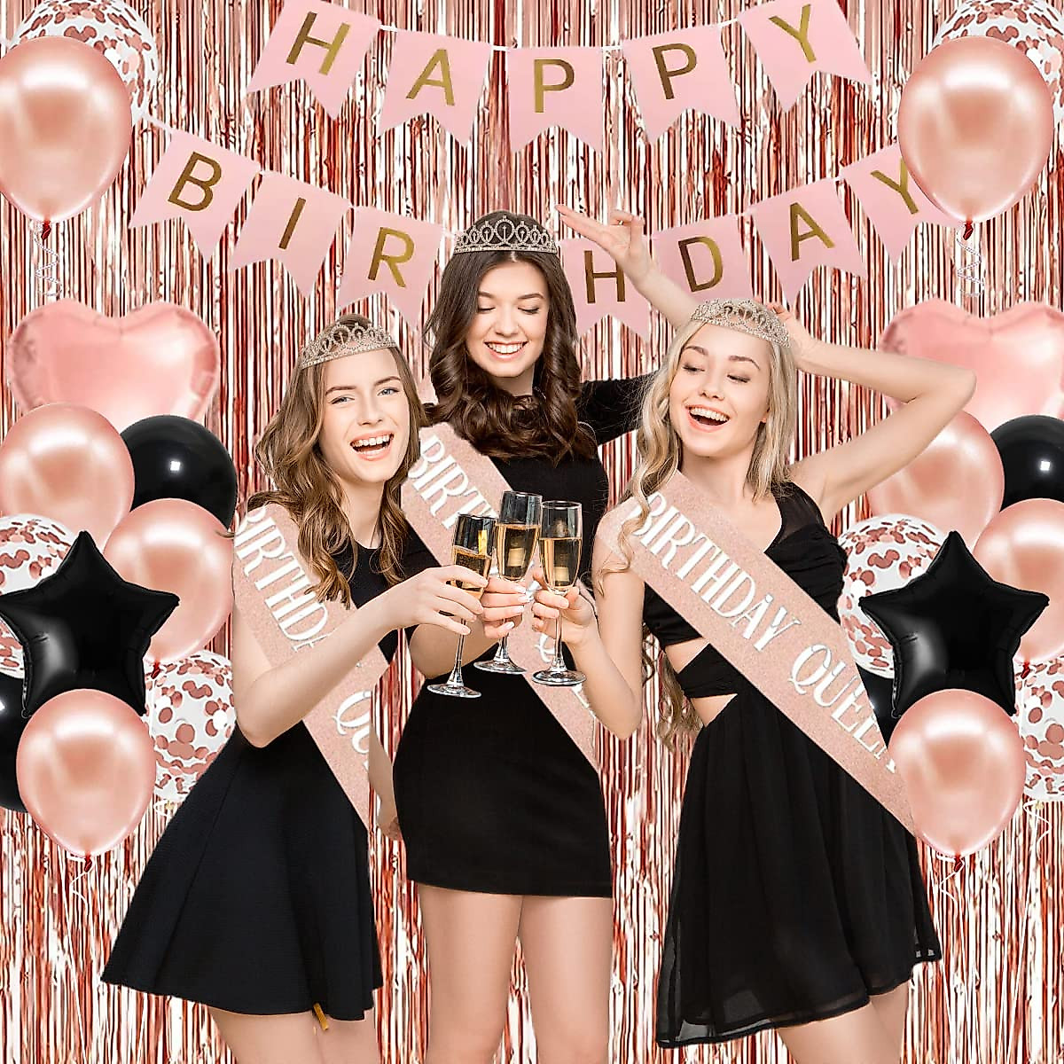 Birthday Decorations for Girl Women - Birthday Crown, Sash, HAPPY BIRTHDAY Banner , Cake Topper for Girl Women 18th 19th 21st 33th 40th 50th 60th 70th Birthday Decorations for Her Rose Gold