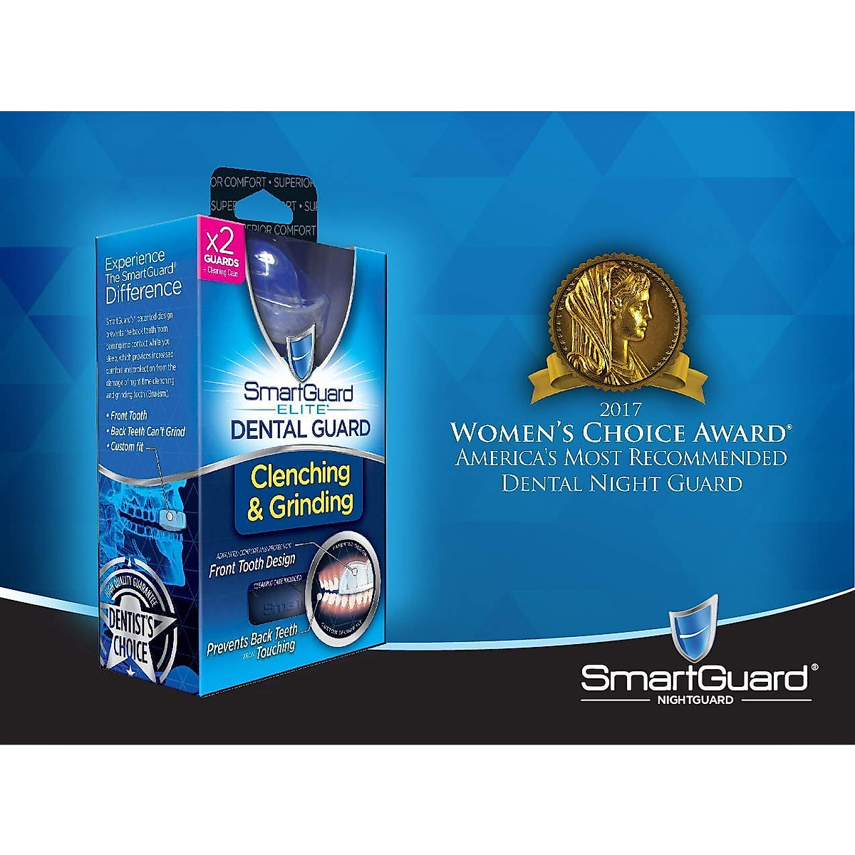 SmartGuard Dental Guard Night Guard for Clenching, Bruxism, and Grinding Dentist Designed Includes 2 Guards, 1 Travel Case, and a 60-Day Supply of Premium Cleaning Crystals