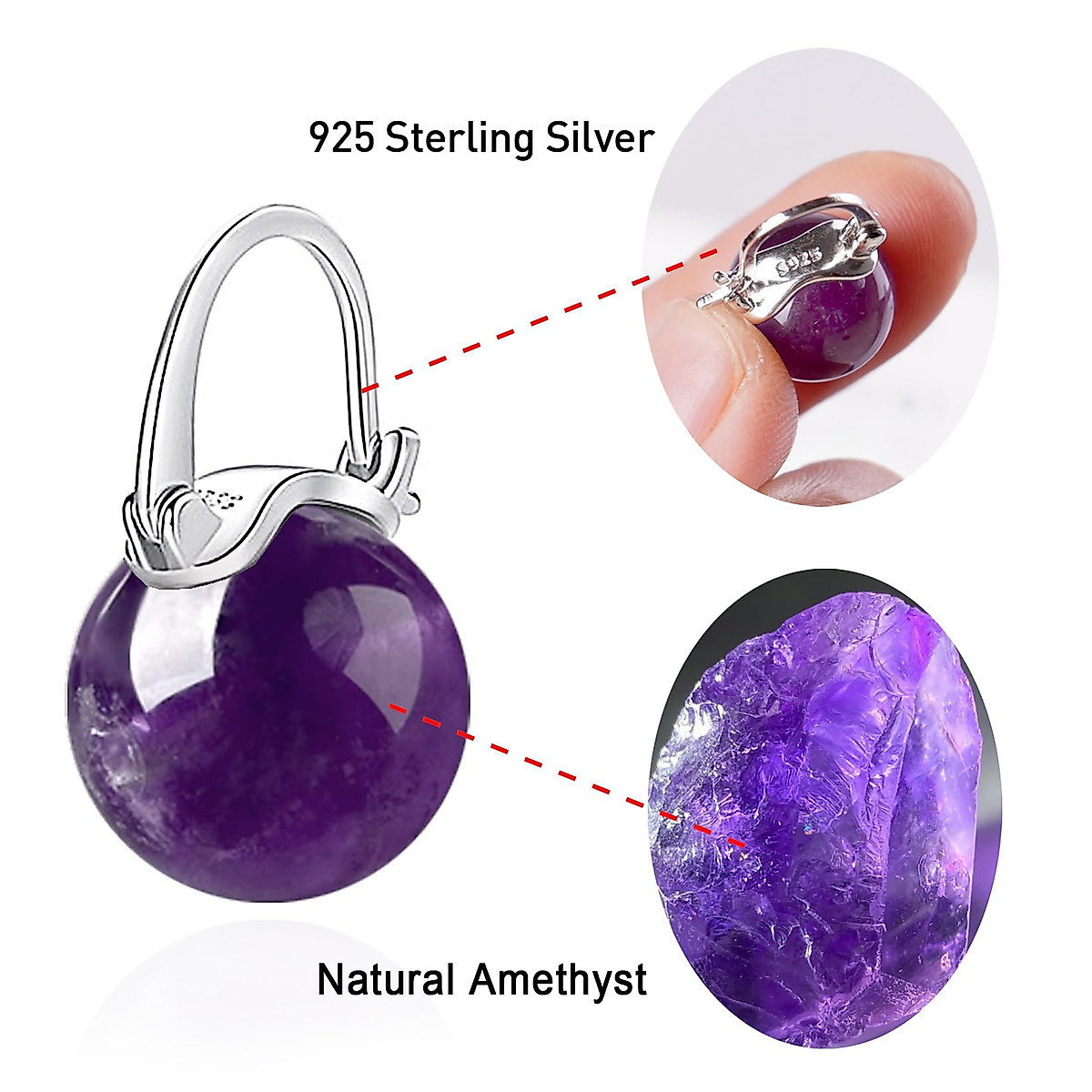 OwMell Elegant Gemstone Drop Dangle 925 Sterling Silver Earrings for Women 12mm - Silver with Amethyst