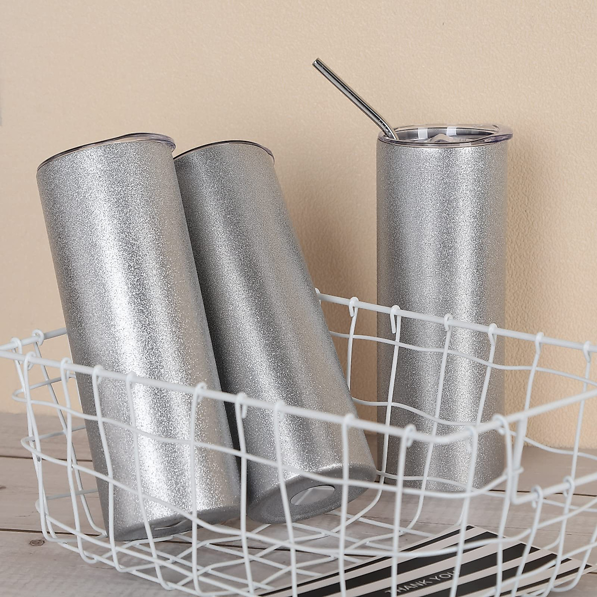 Wzaytia Glitter Sublimation Tumblers 20 Oz Skinny Straight, 8 Pack Sublimation Glitter Skinny Tumbler Blanks, Insulated Stainless Steel Tumbler, Silver