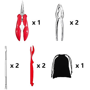 Artcom 8 Piece Seafood Tools Set - 2 Crab Crackers, 2 Lobster Shellers, 2 Crab Forks, 1 Seafood Scissors and 1 Storage Bag
