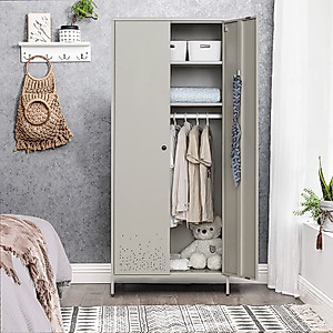 CJF Metal Storage Cabinet, Wardrobe Armoire Closet with Hanging Rod for Bedroom/Laundry Room