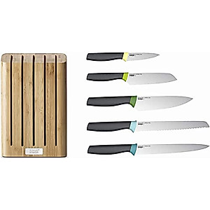 Joseph Joseph 10300 Elevate Knife Set with Slimline Bamboo Block Japanese Stainless Steel, Opal, 6-piece
