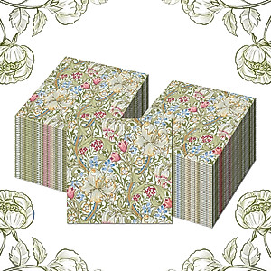 Bolsome 100Pcs William Morris Paper Napkins Vintage Flowers Cocktail Napkins Disposable Green Gold Wildflowers Luncheon Hand Napkins for Wedding Bridal Shower Dinner Tableware Supplies