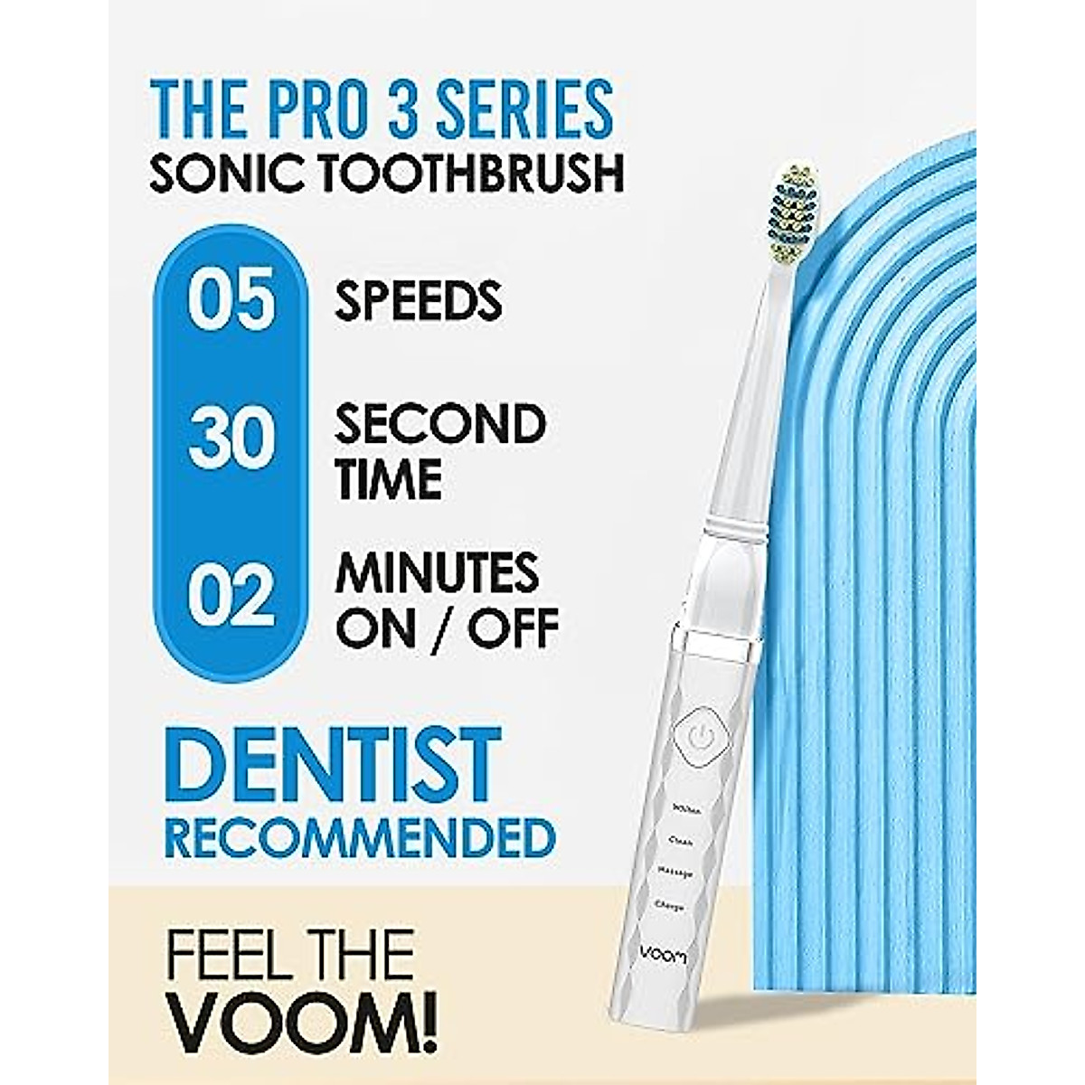 Voom Sonic Pro 3 Rechargeable Electric Toothbrush With Soft Dupont Nylon Bristles Dentist Recommended Portable Oral Care 2-Minute Timer 3 Adjustable Speeds Light Weight Design - White