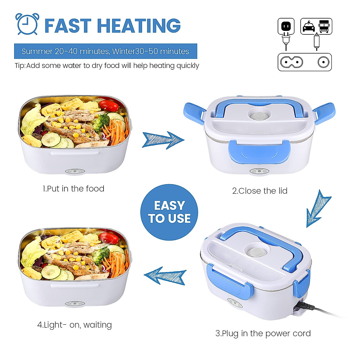 Electric Lunch Box Food Heater, Luncheaze Self Heated Lunchbox 60W Portable Microwave for Car/Truck/Home with 12V/24V/110V Cable, 2 Compartments, Stainless Steel Container, Fork & Spoon, Carry Bag