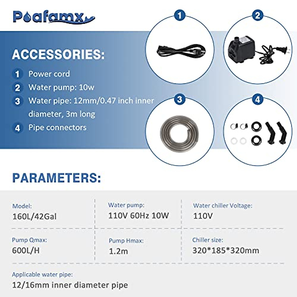 Poafamx Aquarium Chiller 42gal 1/10 HP Hydroponics Water Chiller for Home Use Fish Axolotl Coral Shrimp Farming 110V with Pump and Pipe
