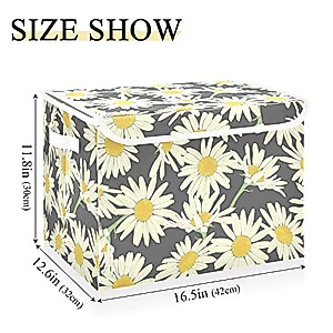 ZRWLUCKY Floral Pattern Camomile Cute White Storage Bins with Lids and Handle Durable Collapsible Storage Container Bin for Playroom, Office, Kids, Nursery