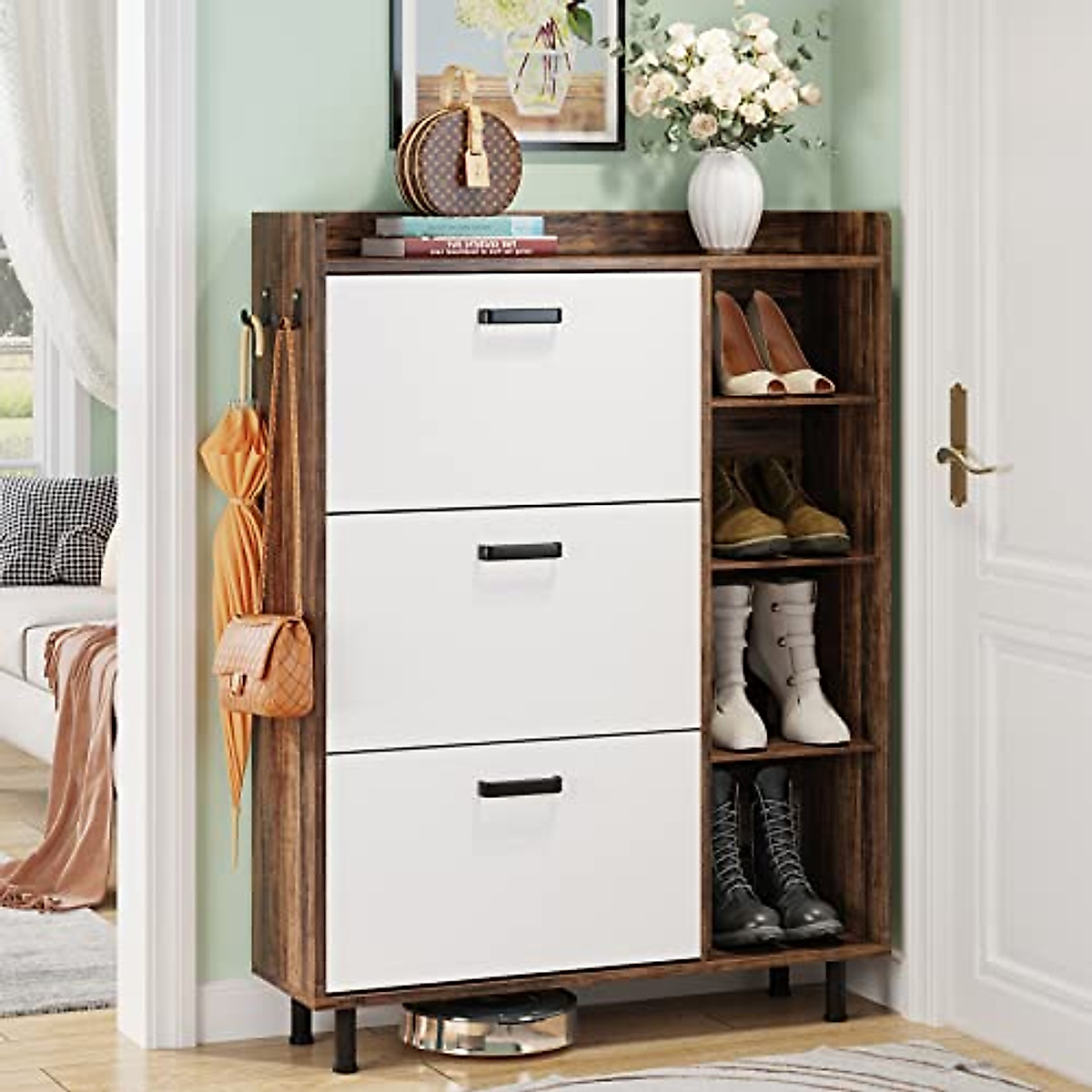Tribesigns Shoe Cabinet, Flip Drawers Shoe Storage Cabinet for Entryway with 3 Flip Drawers and 5 Shelves, White Golden Freestanding Shoes Cabinet for Closet, Living Room, Bedroom (Brown/White)