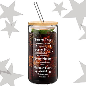 Karenhi Christmas Glass Cups Christian Tumbler Cup Glass Water Bottles Coffee Mugs Gifts for Women 16 oz Glass Bible Spiritual Glass Cups with Bamboo Lids and Glass Straw for Women(Star)