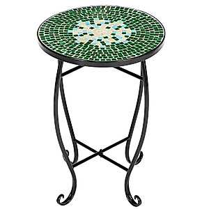 Outdoor Side Table, Metal Coffee End Table, Mosaic Accent Table, Small Terrace Bistro Table, Plant Stand for Patio Porch Beach Balcony, Glass Top & Black Iron, 14 Inch (Green Flowers)