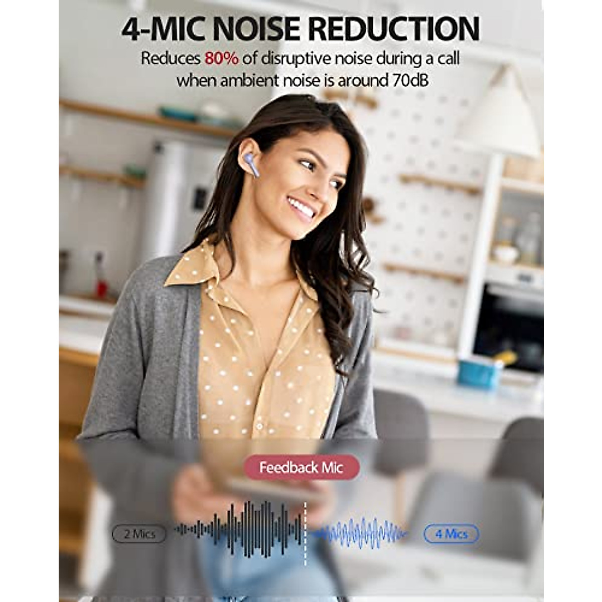 Bluetooth 5.3 Wireless Earbuds, Deep Bass Sound Clear Call, Noise Cancelling with 4 Microphones, 30H Playtime, IPX7 Waterproof Protection, Comfortable Wearing, Compatible with iPhone Android, Purple