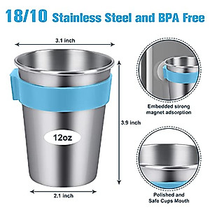 Wownnic Magnetic Cups for Fridge- Magnetic Hanging Cups for Kids- Stainless Steel Cups with Magnetic Cup Holder- 12 Oz Kids Cups Hanging on Fridge or Water Coolers