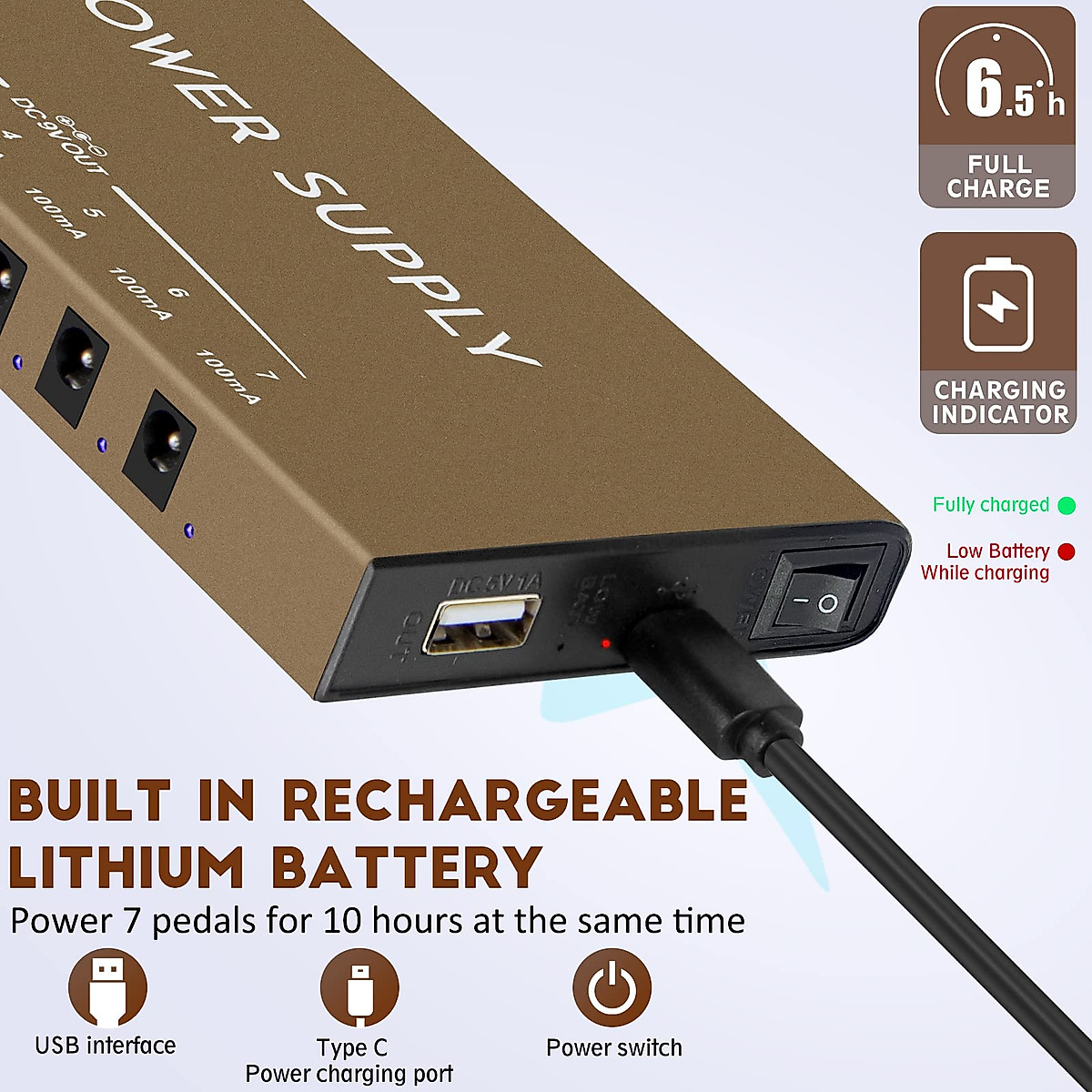 Guitar Pedal Power Supply,Lotkey Power Supply Portable 7 Isolated DC Output Built-in Rechargeable Battery Power Supply for 9V Guitar Bass Effect Pedals with USB Port for iPhone iPad