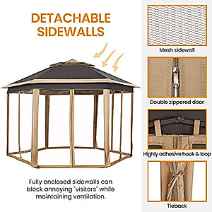 Yaheetech 13’ X 13’ Pop up Gazebo with Mosquito Netting, Hexagonal Outdoor Canopy Tent with Carry Bag for Patio Garden Backyard, Khaki/Brown