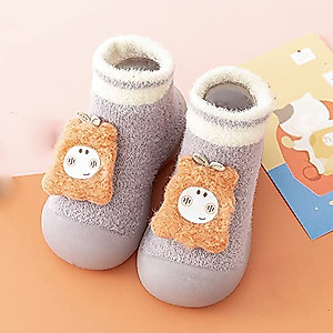 Lykmera Infant Toddle Footwear Winter Socks Boots Toddler Shoes Bottom Indoor Non Slip Warm Cartoon Bear Floor Socks Shoes (Grey, 0-6 Months)