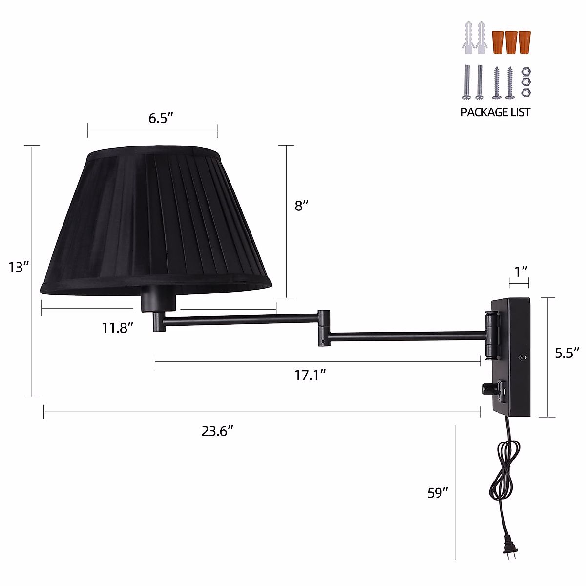 Plug in Wall Sconce 17"Swing Arm Wall Lamp with Plug in Cord and Dimmable Switch Black Sconces Wall Lighting with USB Port and AC Outlet Wall Mounted Lamp Suitable for Bedroom Living Room hallway.