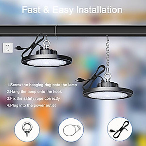 ELEKICO led high Bay Light, 150W 21000Lm 5000K Daylight IP65 high Bay led Lights with Plug 5ft Cable, UFO led high Bay Lights for Warehouse Workshop Factory Barn Garage Area Lighting Fixture 4 Pack