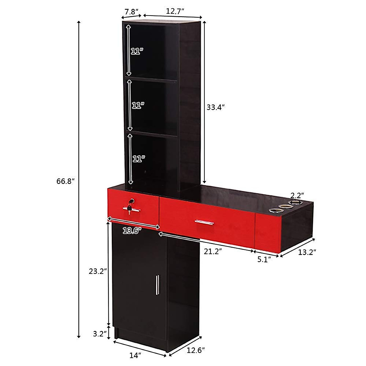 MTFY Beauty Salon Spa Equipment Set,Wall Mount Hair Styling Barber Station Barber Salon Station Makeup Equipment Set with 1 Cabinet 2 Drawers (Black & Red)