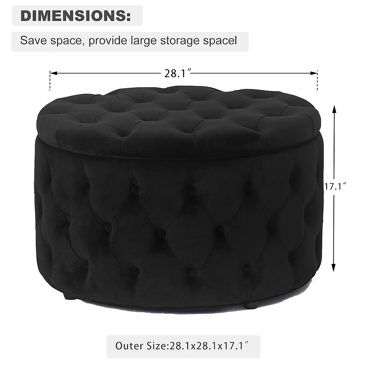 Homebeez 28 Inch Round Velvet Storage Ottoman, Button Tufted Footrest Stool Coffee Table for Living Room, Black
