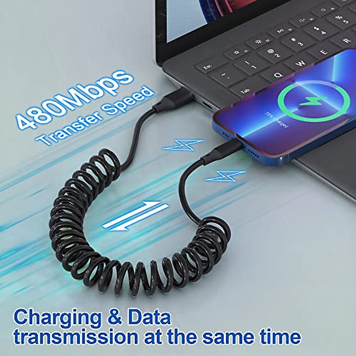 Coiled Lightning Cable 2 Pack, Apple Carplay & MFi Certified, Retractable iPhone Charger with Data Transmission, Short iPhone Charger Cord for iPhone/Pad/Pod