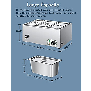 Steam Table Food Warmer 3 Pan,1200w Commercial Countertop Electric Warmers for Food,Stainless Steel Bain Marie Buffet with Lids 21qt Lage Capacity for Hotel and Restaurants