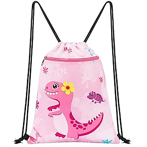 WAWSAM Dinosaur Drawstring Backpack - 13" x 18" Sports Gym Bag Waterproof Beach Swimming Travel Sackpack Birthday Christmas Gift with Zippered Pocket