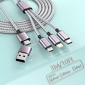 MTAKYI 3M USB C Multi Fast Charging Cable, 4-in-1 Multi Charging Cable Nylon Braided Cord USB/C to Type C/iPhone Fast Sync Charger Adapter Compatible with Laptop/Tablet/Phone