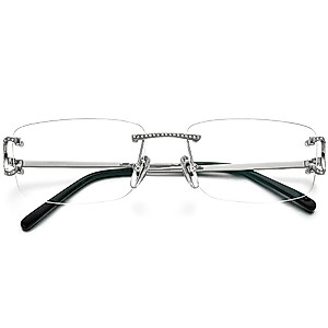 HEPIDEM Vintage Style Rectangular Rimless Metal Eyeglasses for Men Frameless Zircon Diamonds Glasses Frame (50254 Silver)