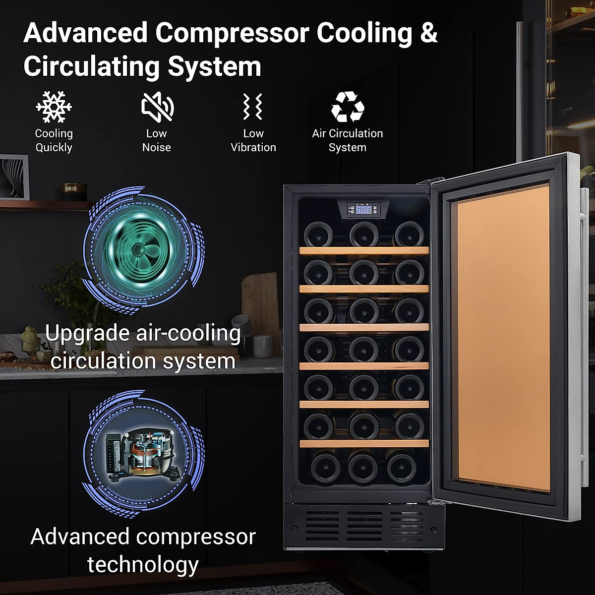 Smad 15 inch Wine Cooler Under Counter, 31 Bottle Built in Wine Fridge with Wood Shelf, Double Reversible Glass Door, Digital Temperature Control, Super Quiet, Stainless Steel, Black