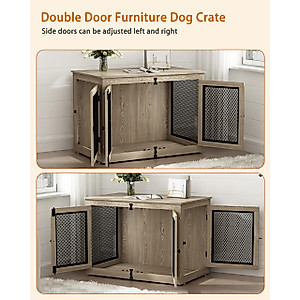 Furnipeture Wooden Dog Crate Furniture with Cushion,Heavy-Duty Dog Crate Side End Table Chew-Proof with Double Door,Modern Kennel for Large Dogs Indoor up to 60 lb - Grey (Size:37" L*23.6W*26" H)