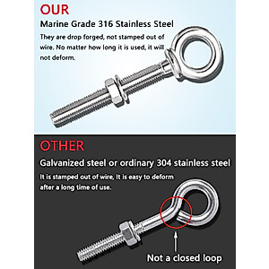 Abimars Lifting Shoulder Eye Bolt M6 with Nuts and Spring Snap Hook, 4 Pcs 316 Stainless Steel Eyebolts for Hanging Items