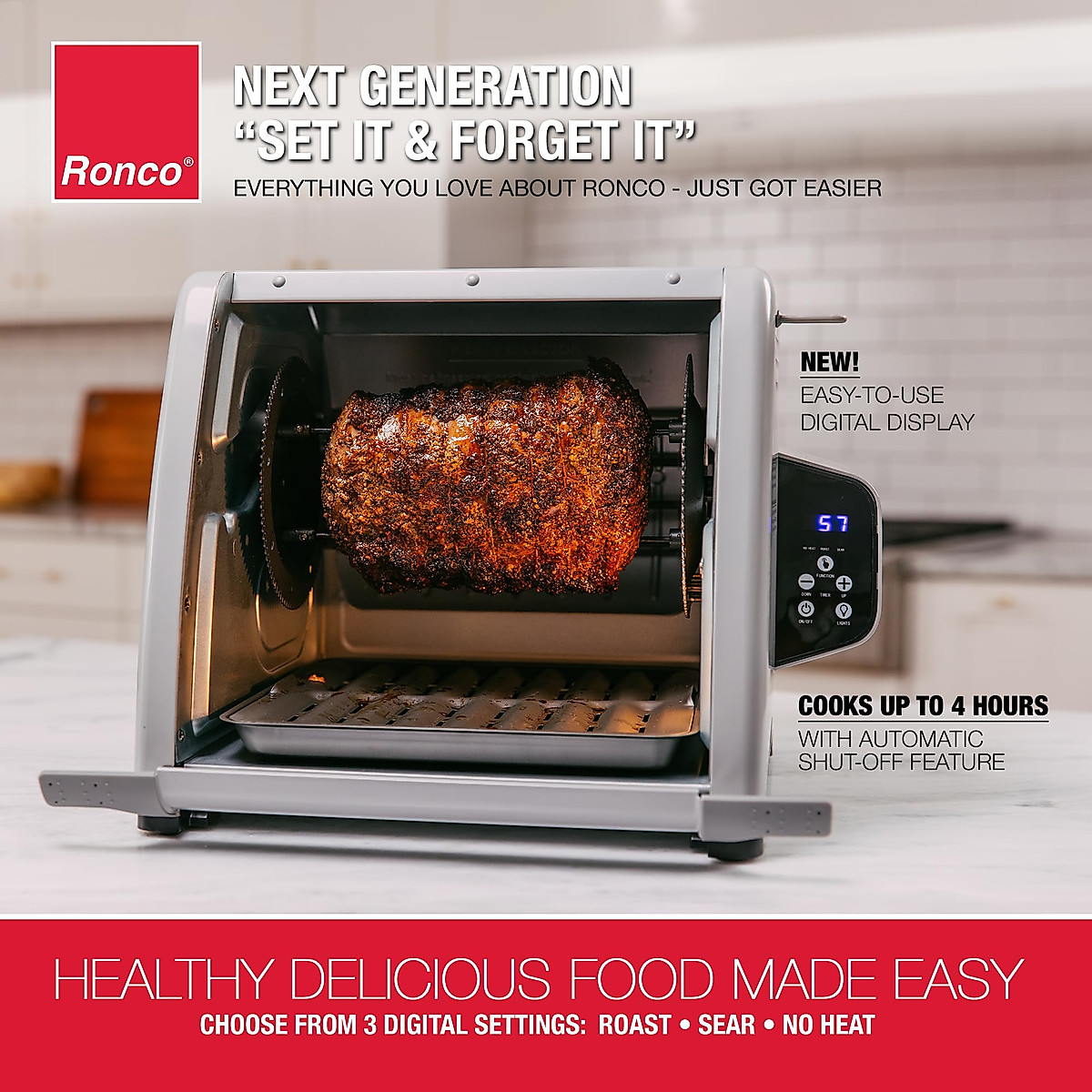 Ronco 6000 Platinum Series Rotisserie Oven, Digital Display, 12-Pound Capacity, Auto Shutoff, Includes Rotisserie Spit, Multi-Purpose Basket, 3 Cooking Functions: Rotisserie, Sear and No Heat Rotation