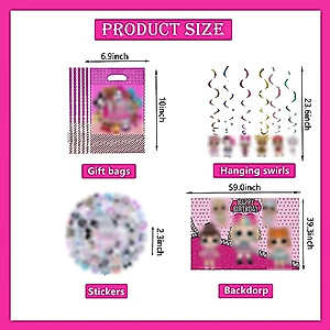 Pink Dolls Birthday Supplies Party Decorations, Pink Girls Theme Birthday Kit Include Banner, Tablecloth, Balloons, Plates, Stickers, Foil Balloons, Gift Bag, Hanging Swirls, Backdrop, Cake & Cupcake Toppers, Cartoon Birthday Gift for Kids