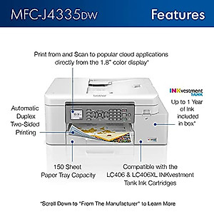 Brother MFC-J4335DW INKvestment Tank All-in-One Color Inkjet Printer, Print Scan Copy Fax, Auto 2-Sided Printing, Wireless Printing, 4800 x 1200 dpi, White - Bundle with JAWFOAL Printer Cable