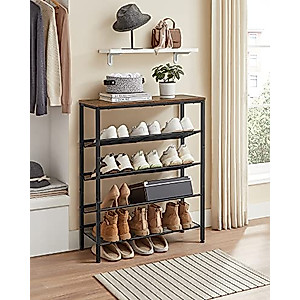 VASAGLE Shoe Rack for Entryway, 5 Tier Shoe Storage Shelves, 16-20 Pairs Shoe Organizer, with Sturdy Wooden Top and Steel Frame, Free Standing, Industrial, Rustic Brown and Black ULBS038B01
