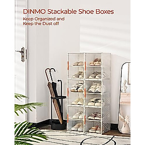 DINMO 6 Packs Shoe Box with Dividers, 12 Pairs, Clear Shoe Storage Organizer, Space Saving for Closet, Visualization, Foldable, White Transparent
