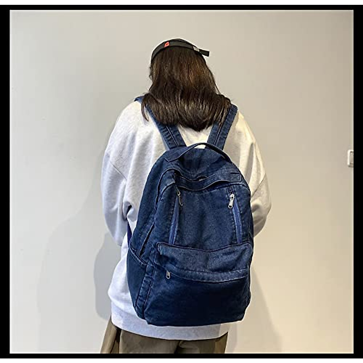 Canvas Backpack Lightweight Travel Daypack Student Rucksack Laptop Backpack Denim Medium Handbag for Women Blue (2)