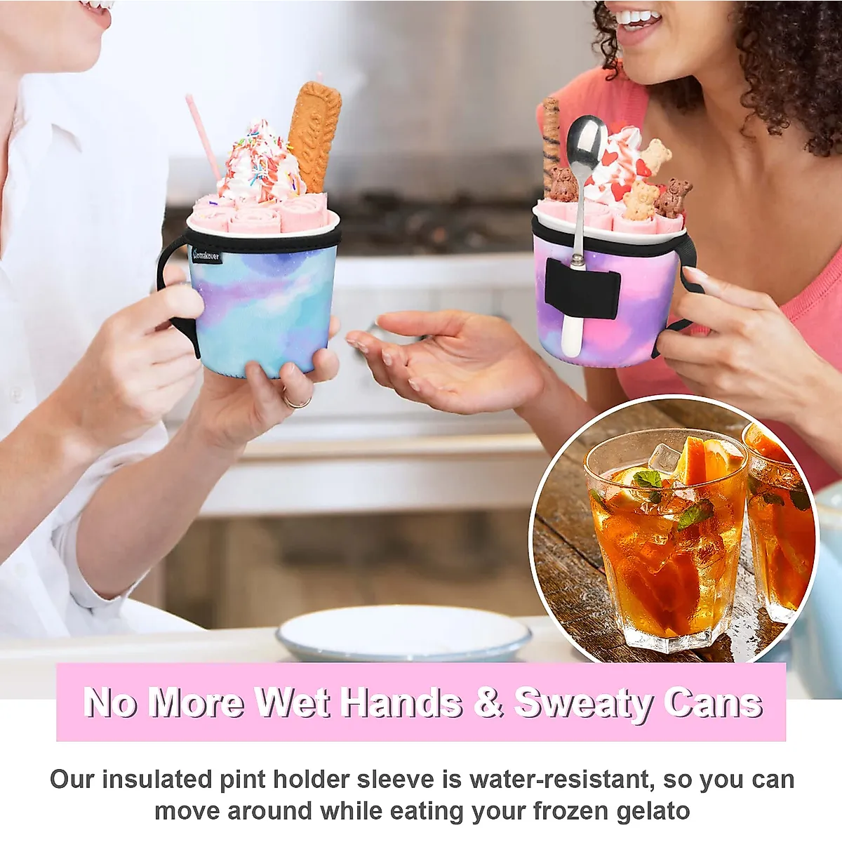 Ice Cream Sleeve Pint Sized Cooler Cover Neoprene Insulator, Hard Bottom Ice Cream Pint Holder w/Handle & Spoon Pocket, Machine Washable & Leak Proof Cup Cover for Yogurt Frozen Desserts (Print Sky)