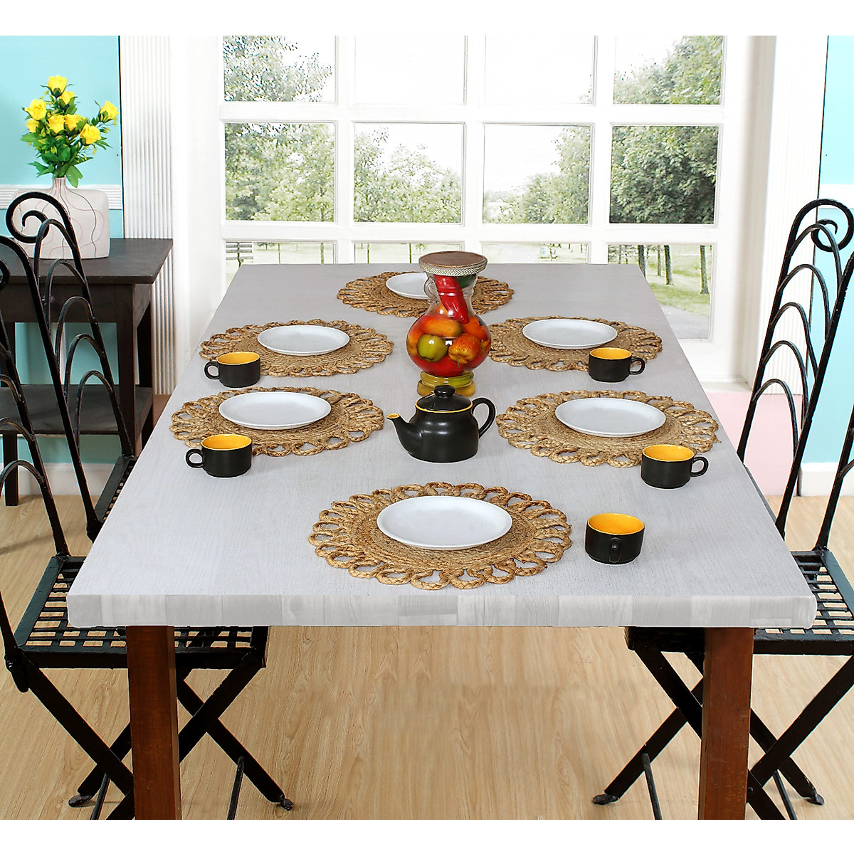 MORE Jute Hand Braided Placemats Set of 6 | 15 Inches Round Tablemats for Kitchen Dining Table Top Rug Mats & Dinner Table Plate Pads Mates | Rustic Natural Fiber Vintage Rugs Mat, Natural Beige
