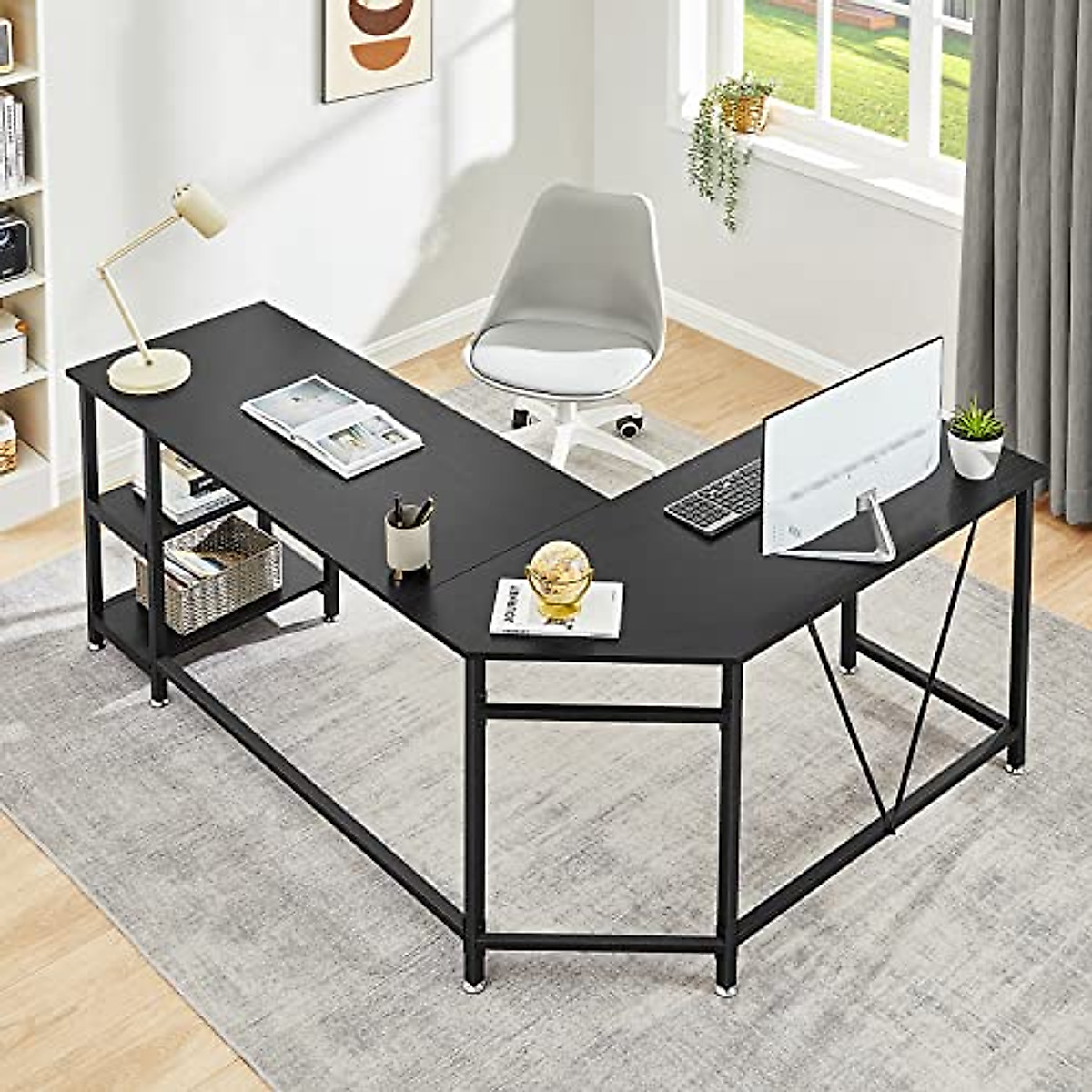 GreenForest L Shaped Computer Desk with Adjustable Storage Shelf, 59 inch Modern Long Corner Gaming Desk for Home Office Writing Laptop PC Workstation Space Saving, Black