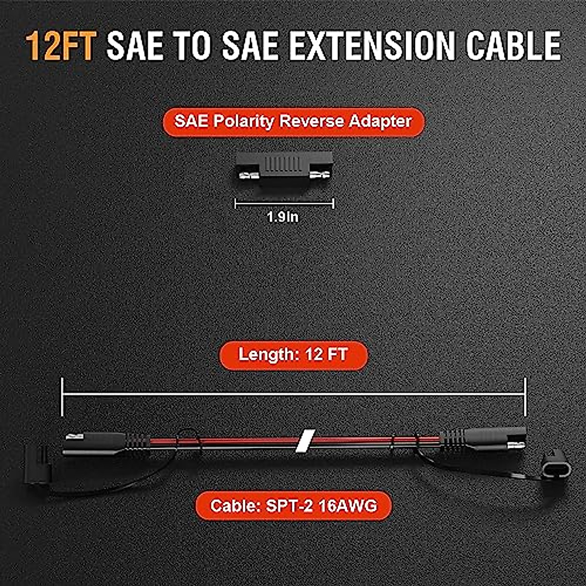 12FT SAE to SAE Extension Cable, SAE Connector Cable Quick Disconnect Connector 16AWG, for Automotive, Solar Panel Panel SAE Plug(12FT(16AWG))