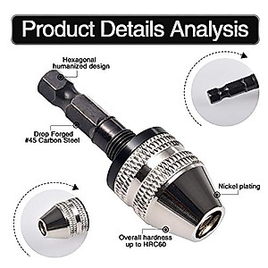 HOHXEN Keyless Mini 3-Jaw Drill Chuck Screwdriver Adapter with Quick-change 1/4" Hex Shank to Hold Straight-shank 0.3-3.6mm Drill Bits Milling Cutters for Micro-production, One Chuck (Not Three)